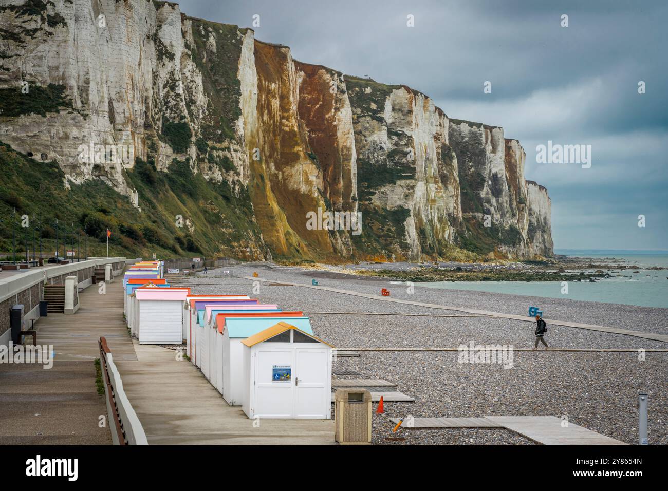 Le Treport, France - 09 16 2024: View of white beach cabins with ...
