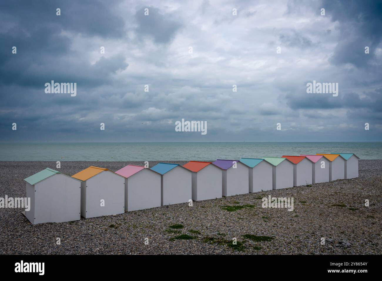 Le Treport, France - 09 16 2024: View of white beach cabins with ...