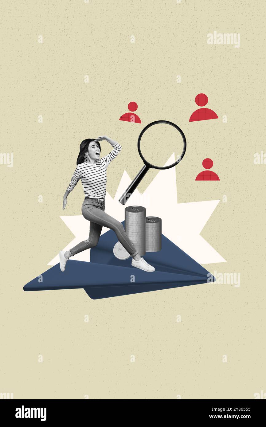 Vertical poster collage young woman runner magnifying loop enlarger ...