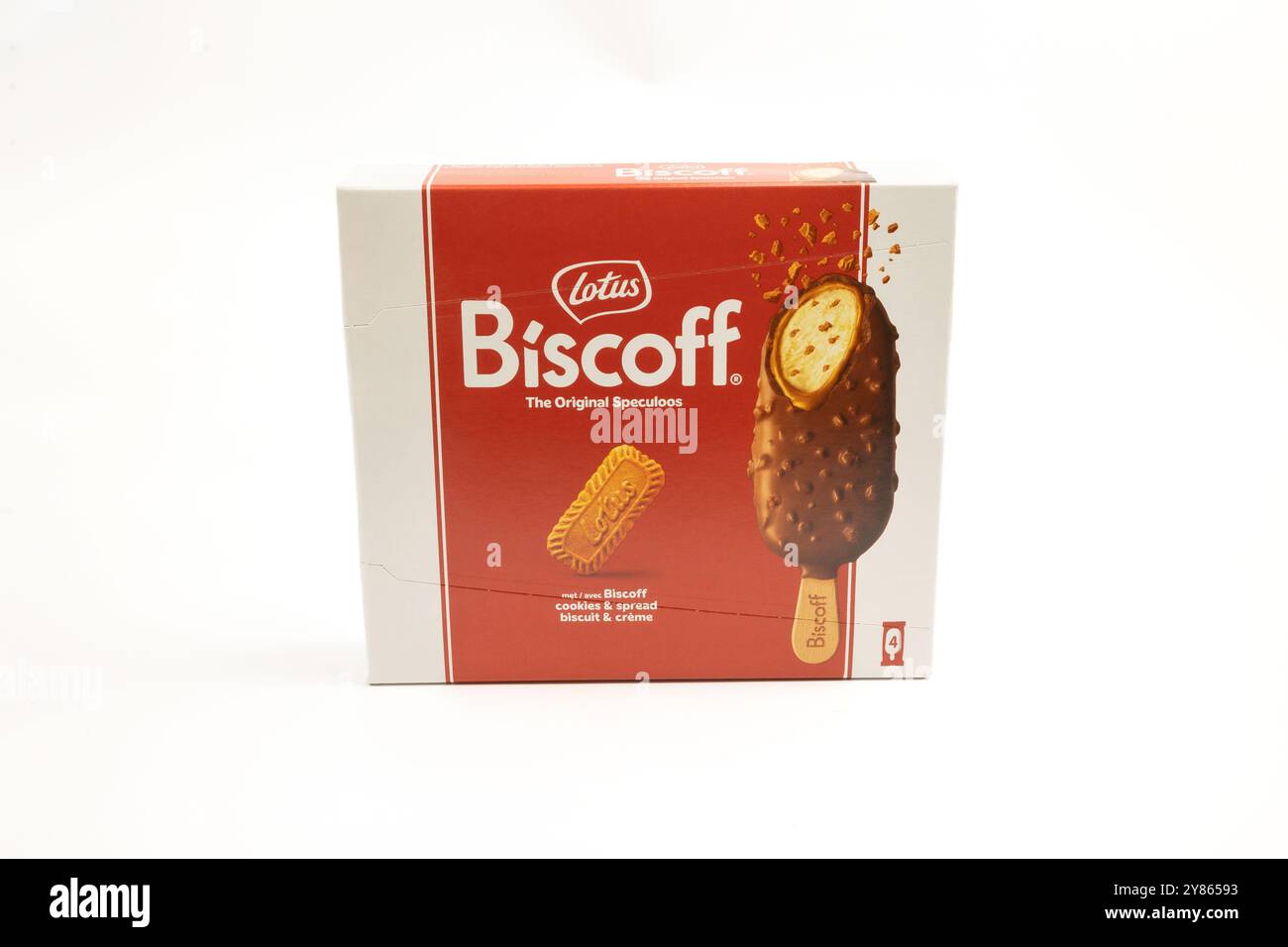 box of Biscoff speculoos ice cream from the Lotus brand, isolated on a ...