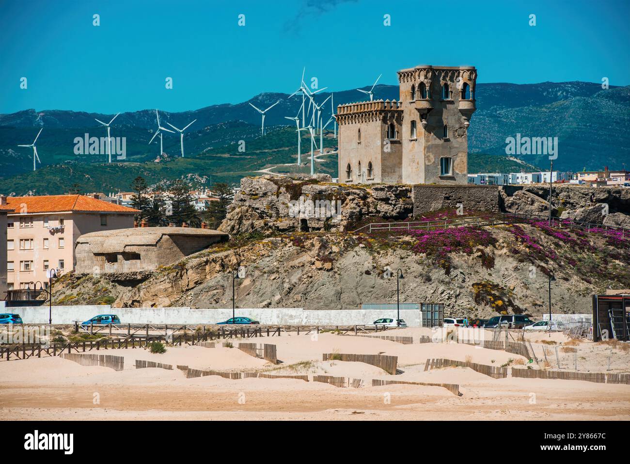 Old Castle of Guzman El Bueno and Seashore of Tarifa in Spain, view ...