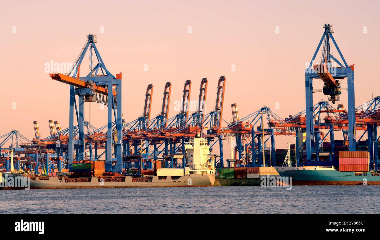 Cargo crane in sea port with containers for import and export shipping ...