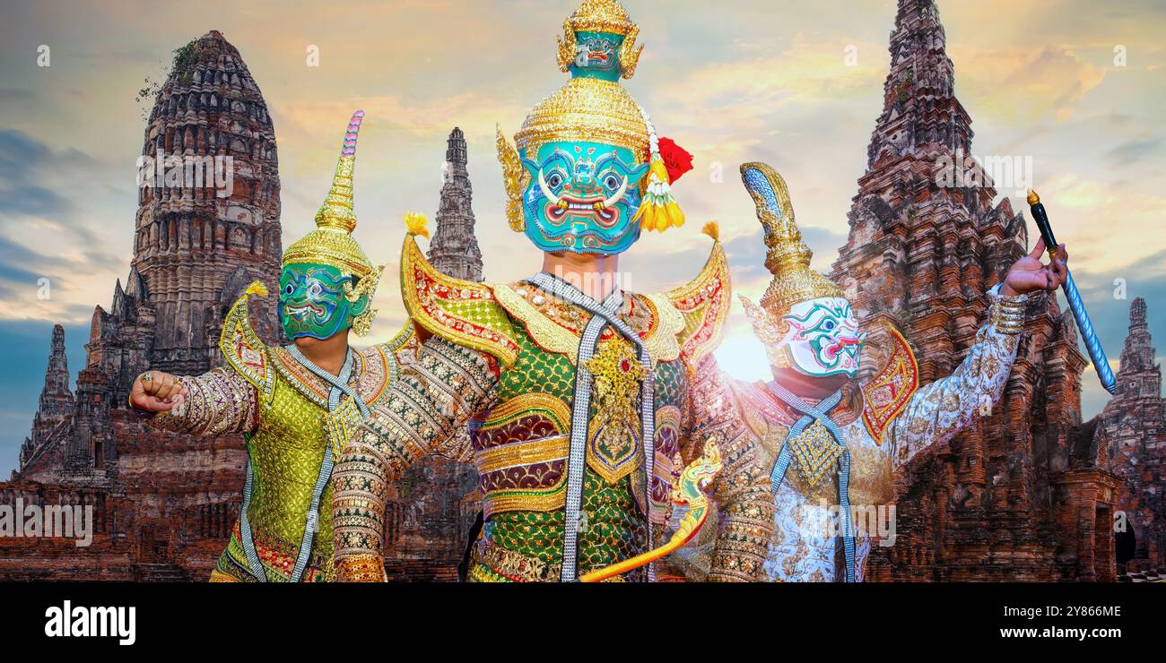 Khon Masked Dance in Thailand, UNESCO’s Intangible Cultural Heritage, with 3D rendering flames ...