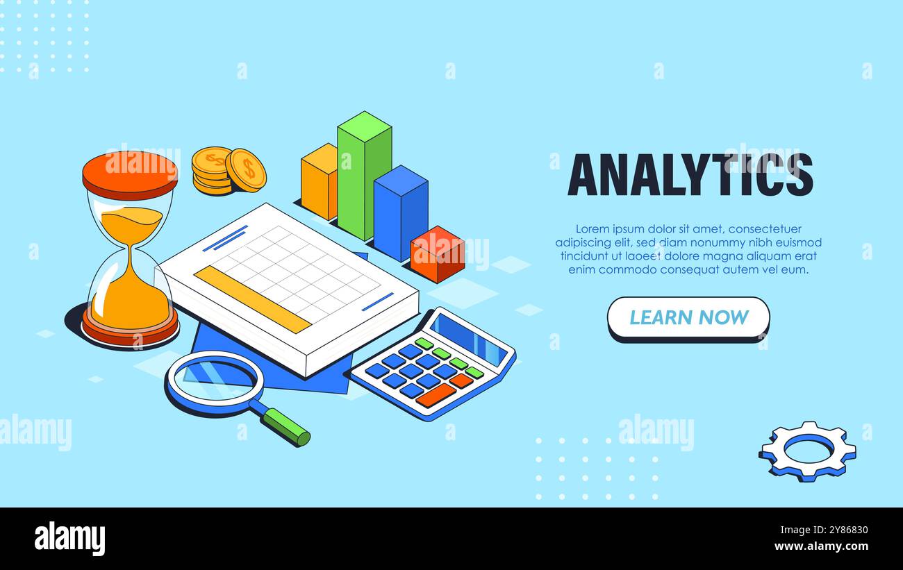 Analytics isometric poster. Magnifying glass, clipboard and hourglasses ...