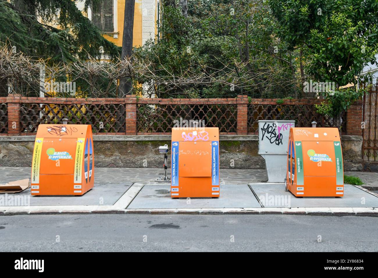 Public garbage cans for separate collection in a street of Laigueglia ...
