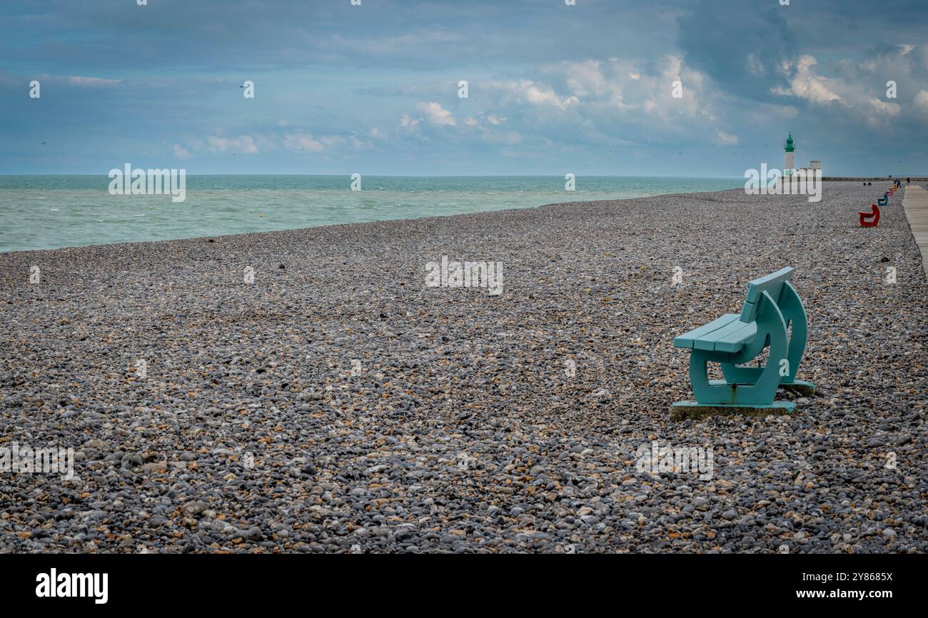 Le Treport, France - 09 16 2024: Graphic View of a blue bench, jetty ...