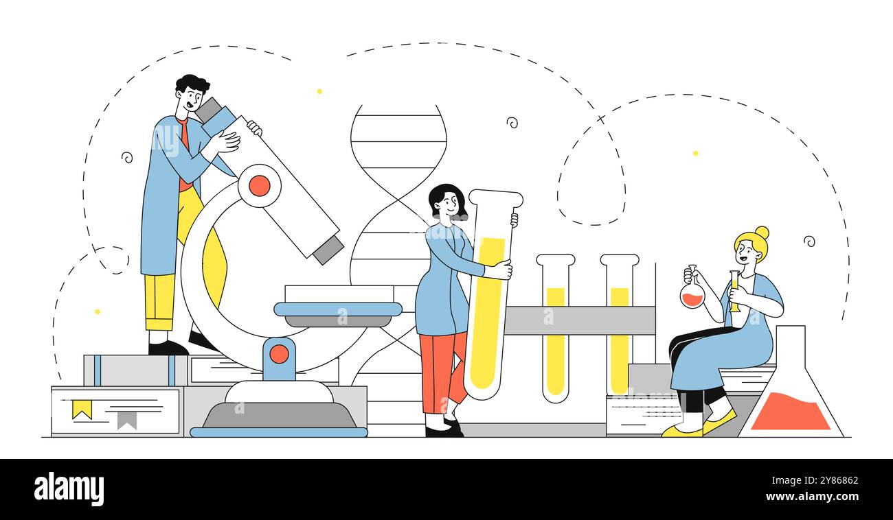 People with chemistry. Man with microscope and women with test tubes ...