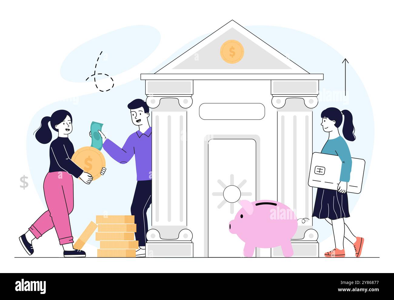 People with bank. Man with banknotes, women with gold coins. Banking ...