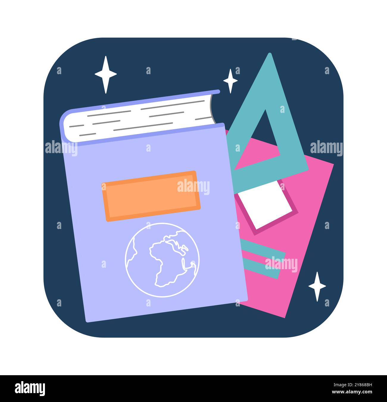 Geography supply sticker. Stack of books and ruler. Education and ...