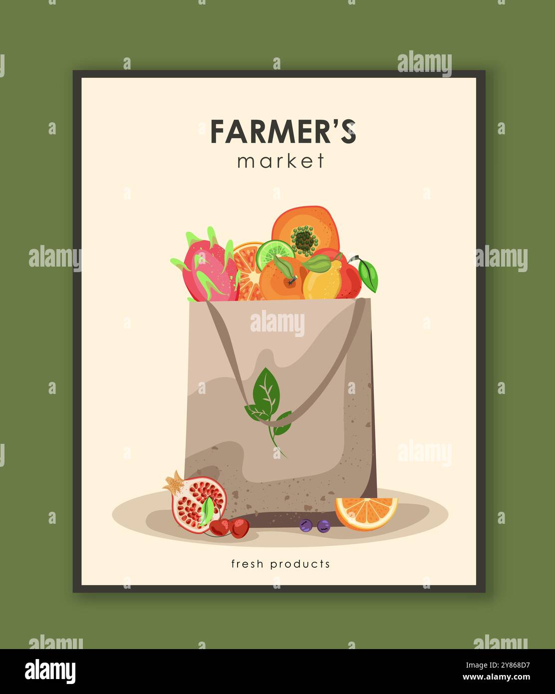 Farmers market poster. Package with fruits and berries. Natural and ...