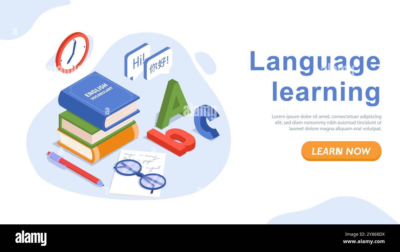 Isometric language learning poster. Stack of books with letters and ...