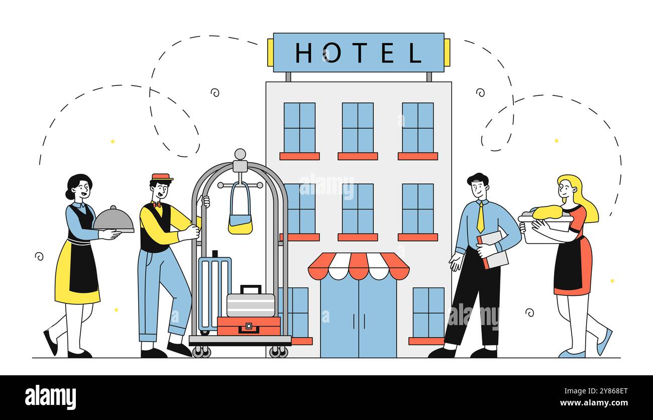 Hotel staff with luggage. Men and women near hotel building. Cleaning ...