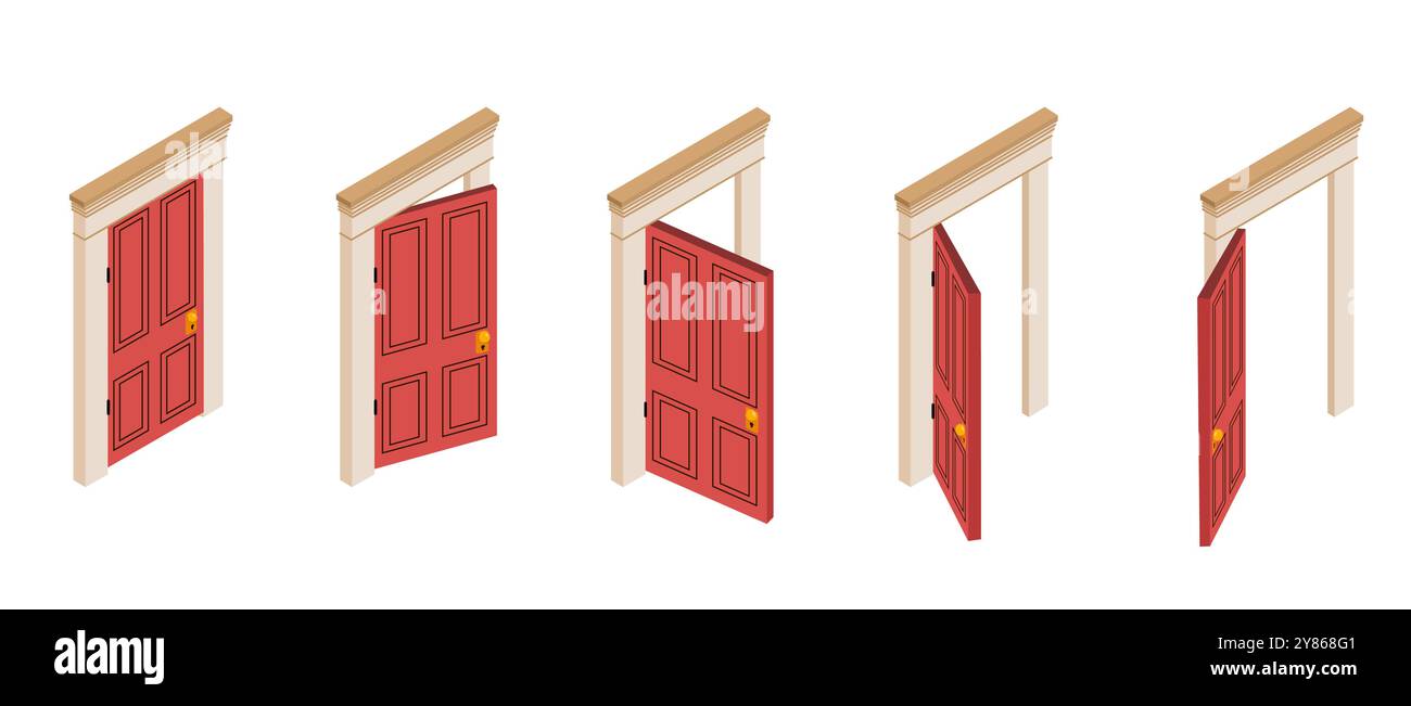 Isometric door opening set. Entrance to home, house por office. Facade ...