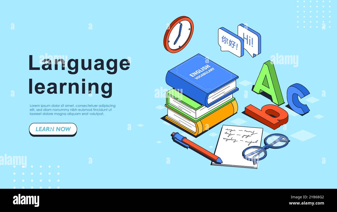 Language learning poster. Stack of books with letters and pencil ...