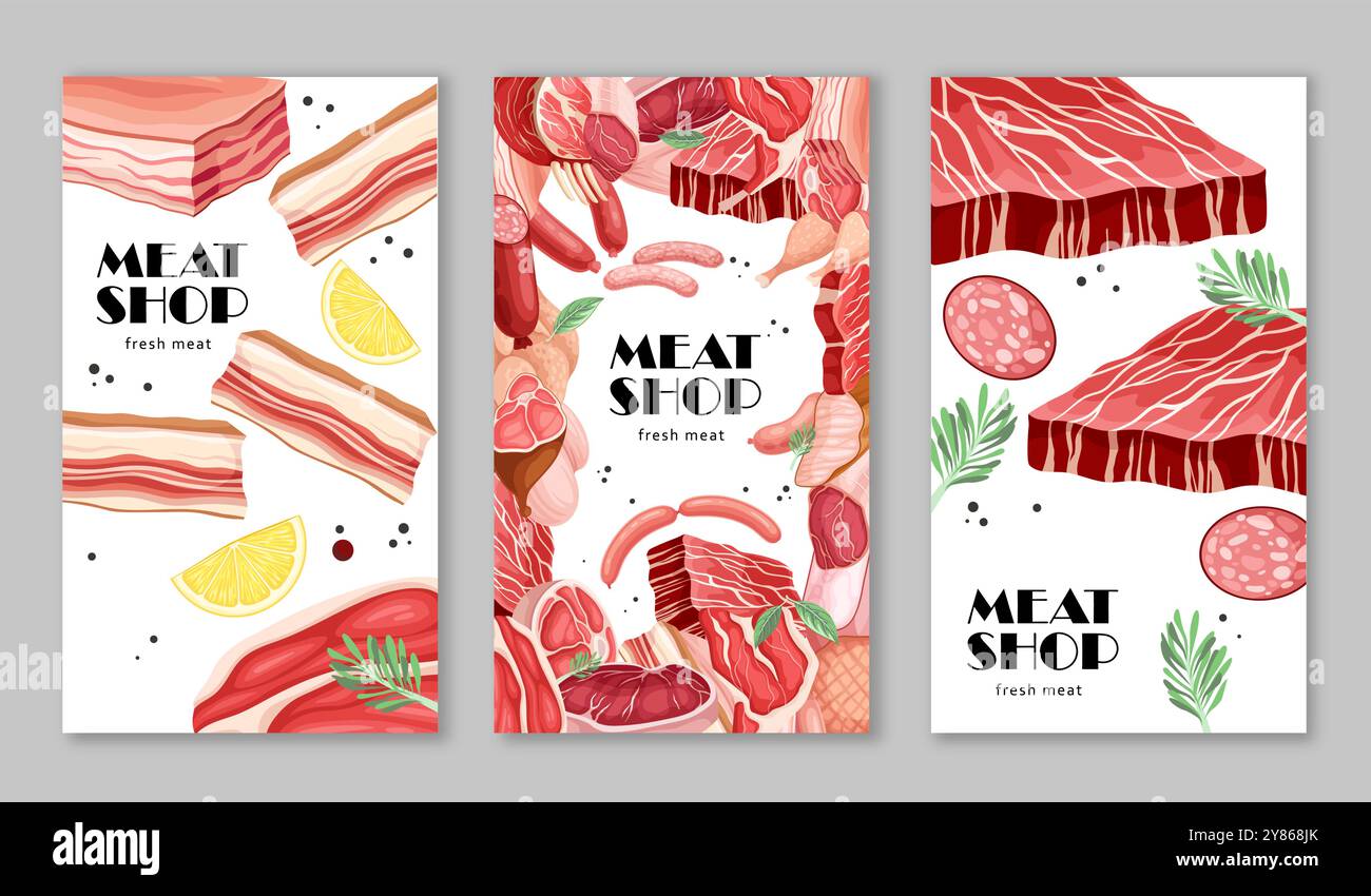 Meat products flyers set. Sauage and salami, chicken, pork and beef ...