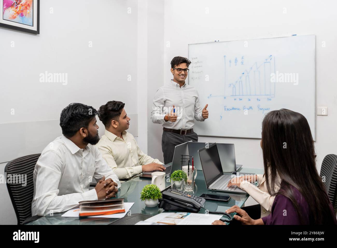 This stock image captures a dynamic Indian business team meeting in a ...