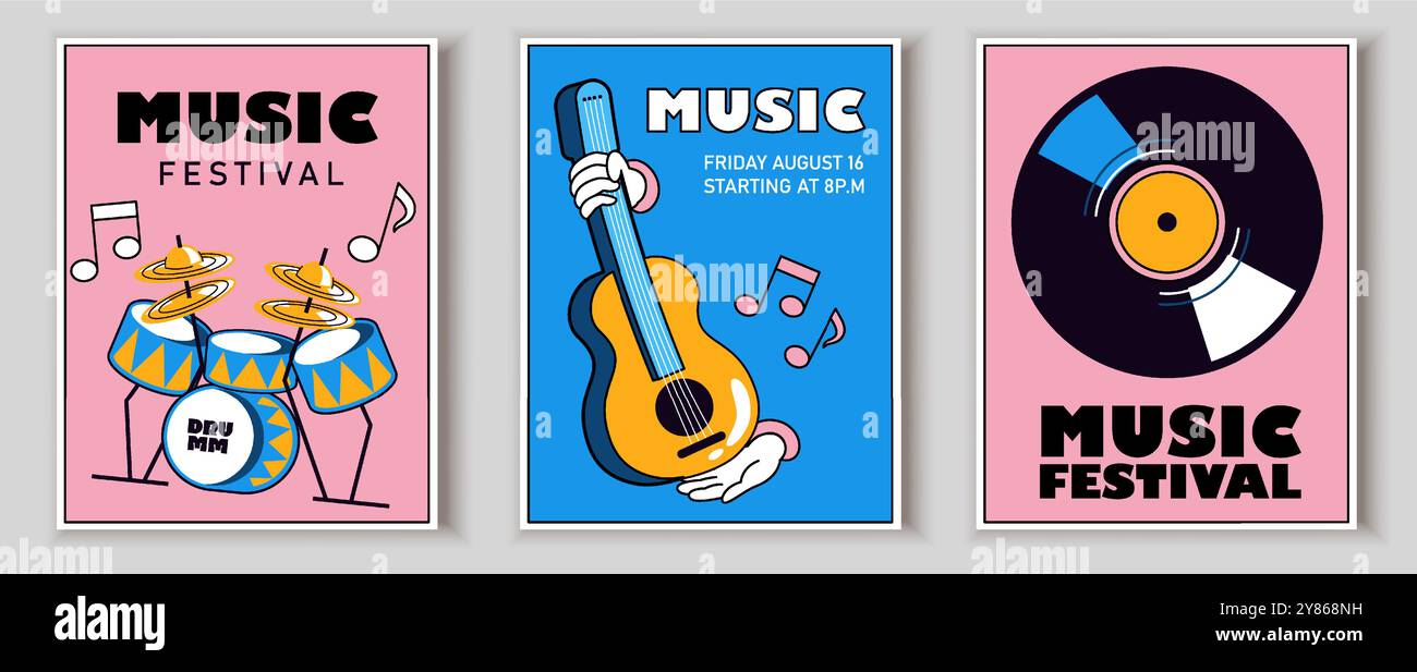Music day posters set. Drums, guitar and vinyl disc. Musical festival ...