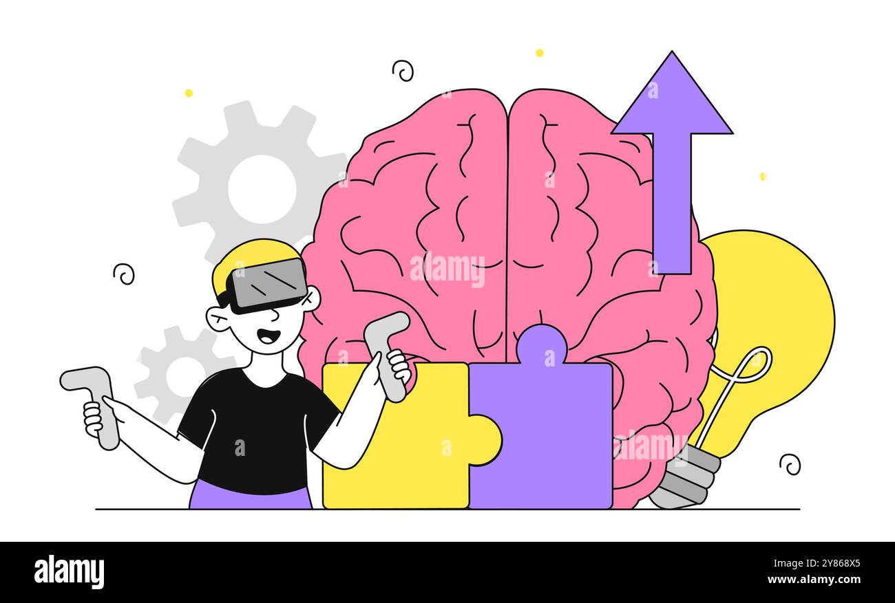 Boy with neurodiversity. Cute guy in virtual reality glasses near large ...