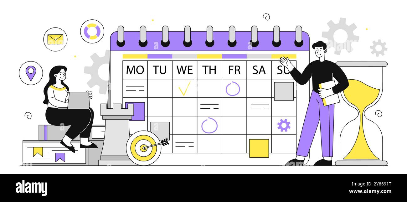 People with time management. Man and woman near calendar and hourglass. Scheduling and planning ...