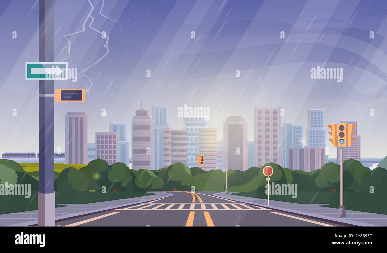 Rainy dull weather. Modern city street in fall season. Urban ...