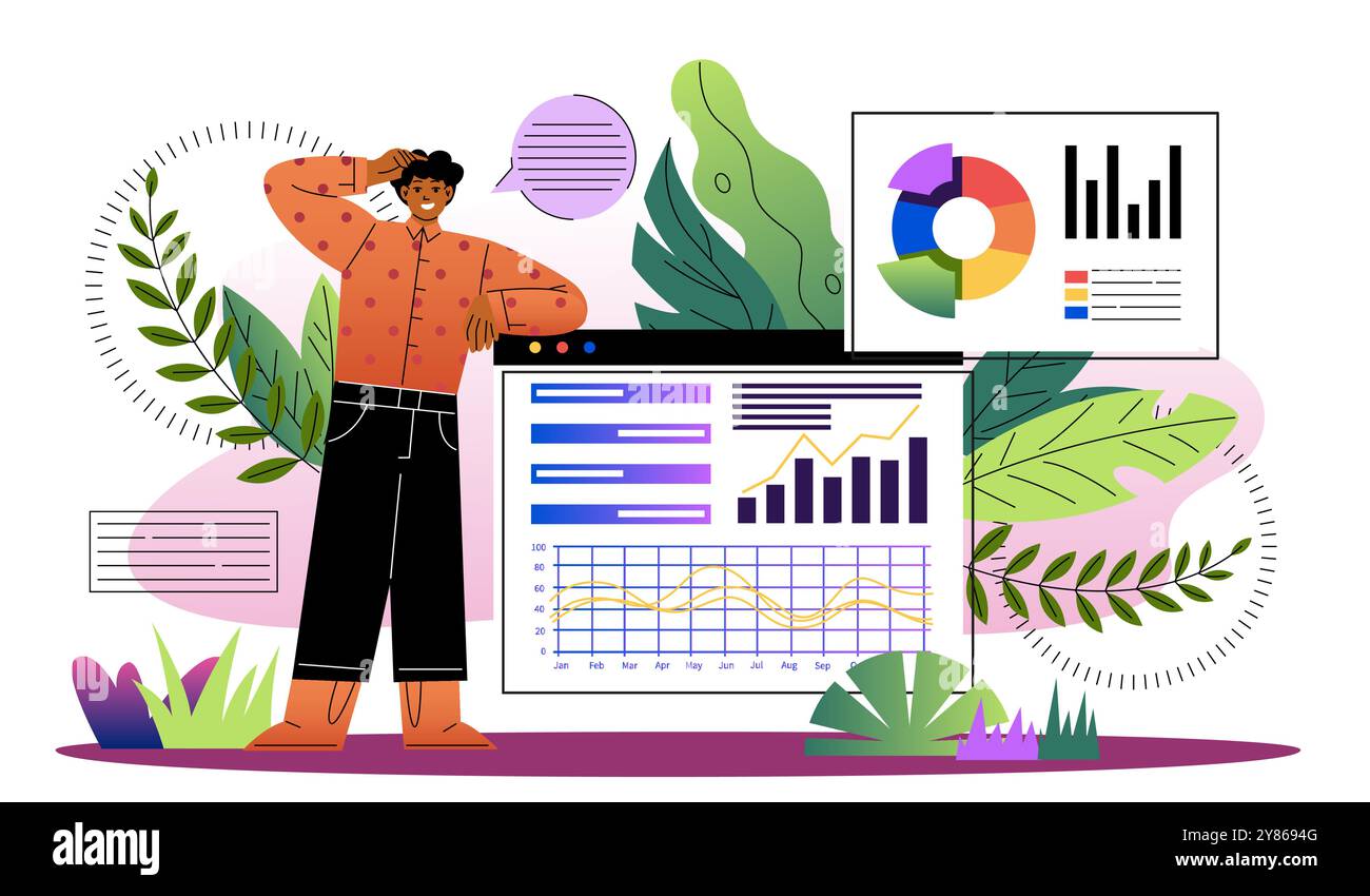 Man with management social sciences. Young guy near graphs and diagrams. Organization of ...