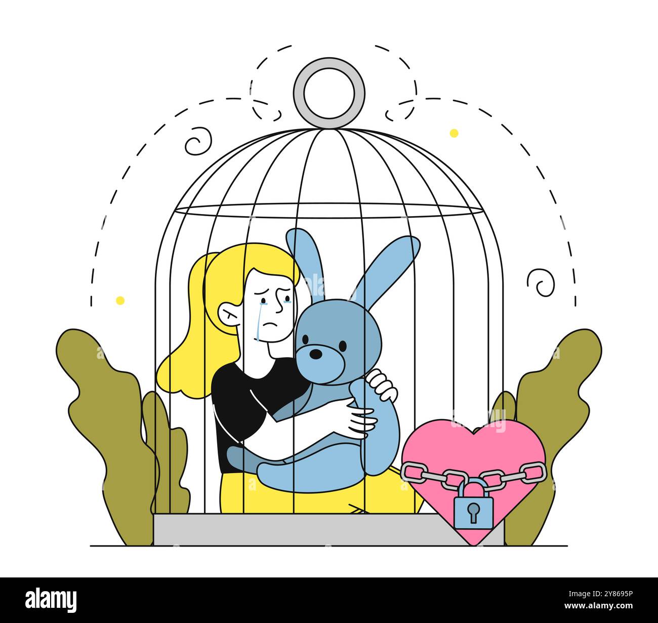 Little girl in cage. Kid with childhood psychological trauma ...