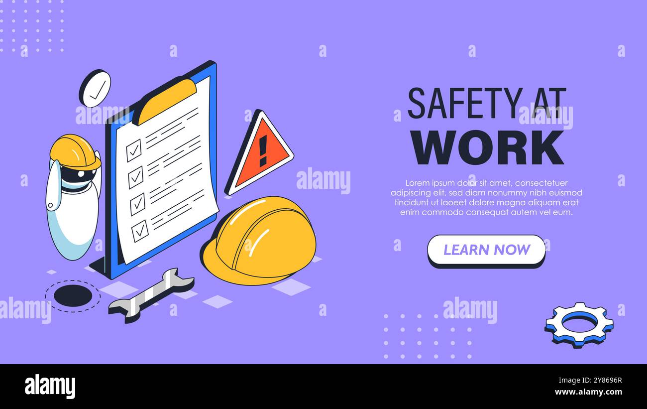 Safety at work isometric poster. Construction safety hat, wrench and ...