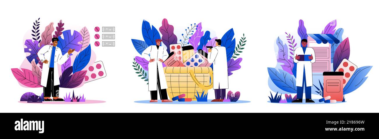 Pharmacists with rx prescription set. Doctors with medicines and pills ...