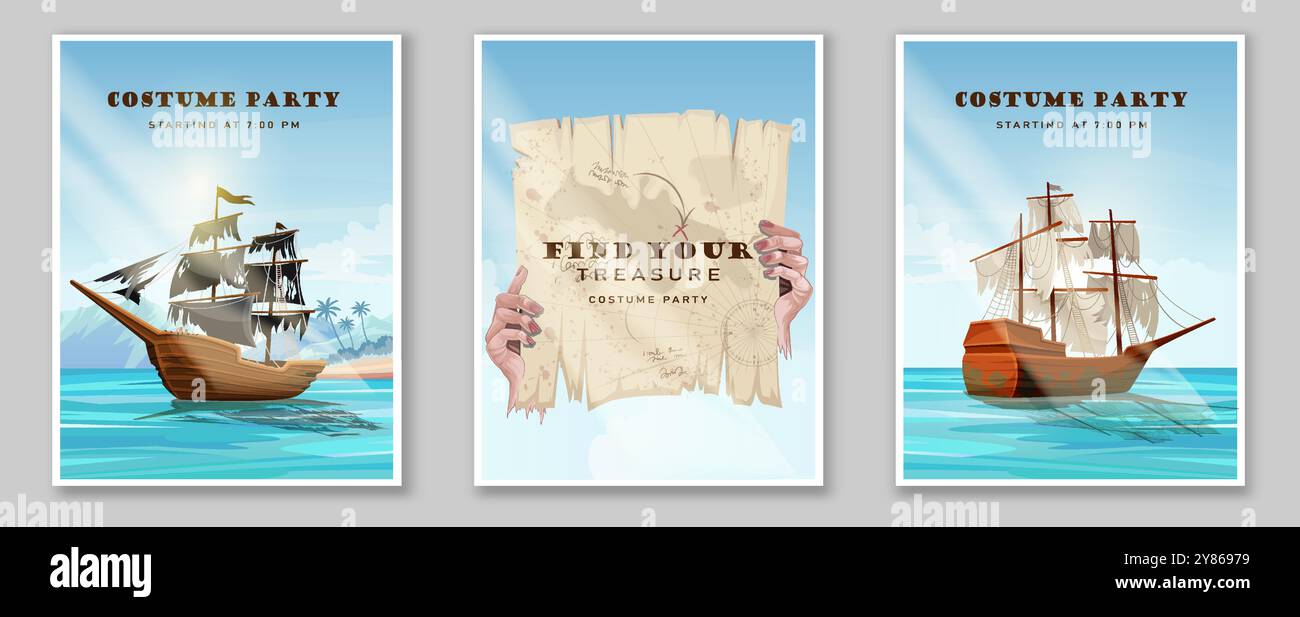 Costume pirate party posters set. Wooden ship and boat with sail. Sea ...