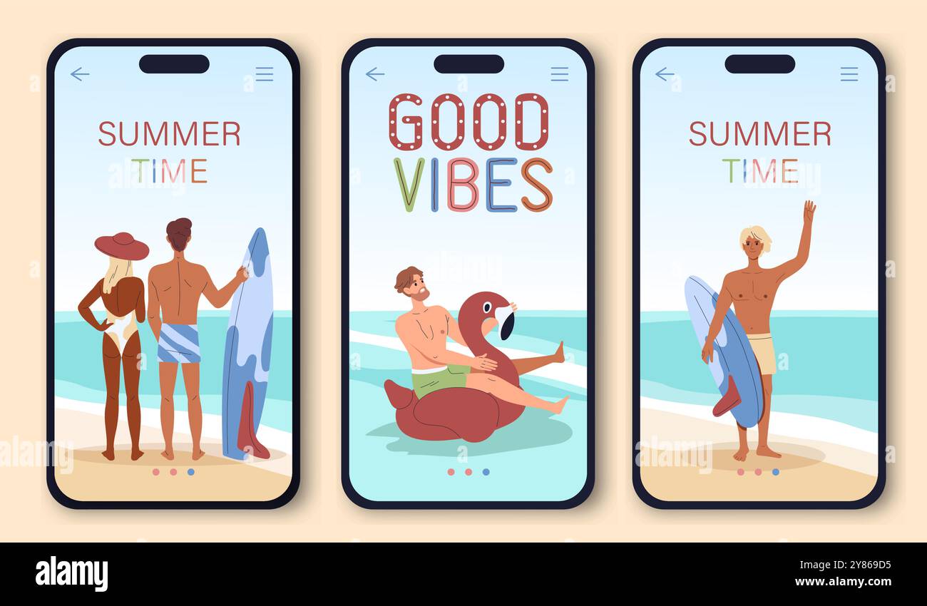 Summer time mobile app set. Holiday and vacation, journey. People at ...