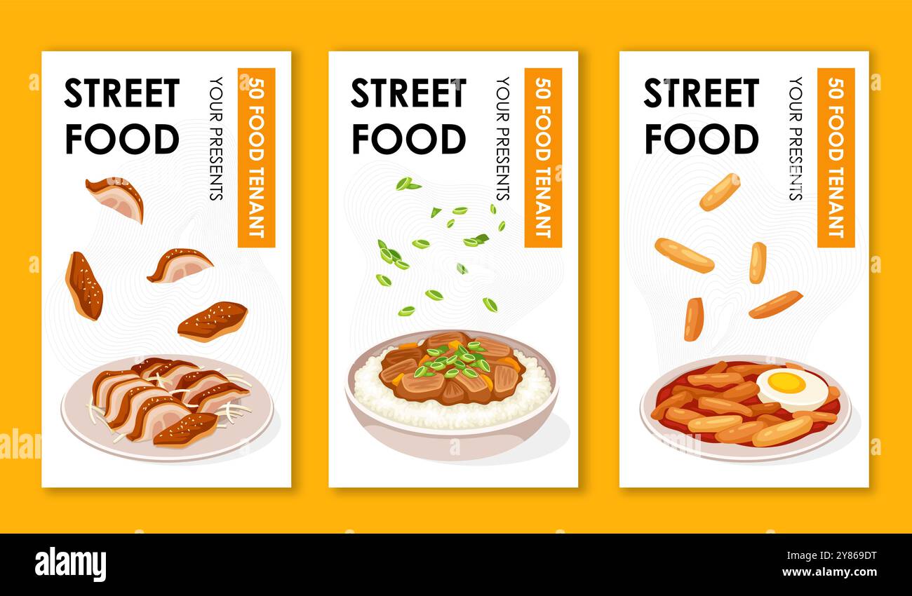 Street food flyers set. Bowls with meat, rice and potato with egg ...