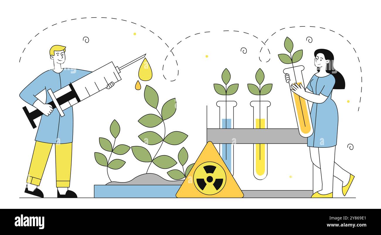 Researches plant radiation in lab. Man with syringe and woman with test ...