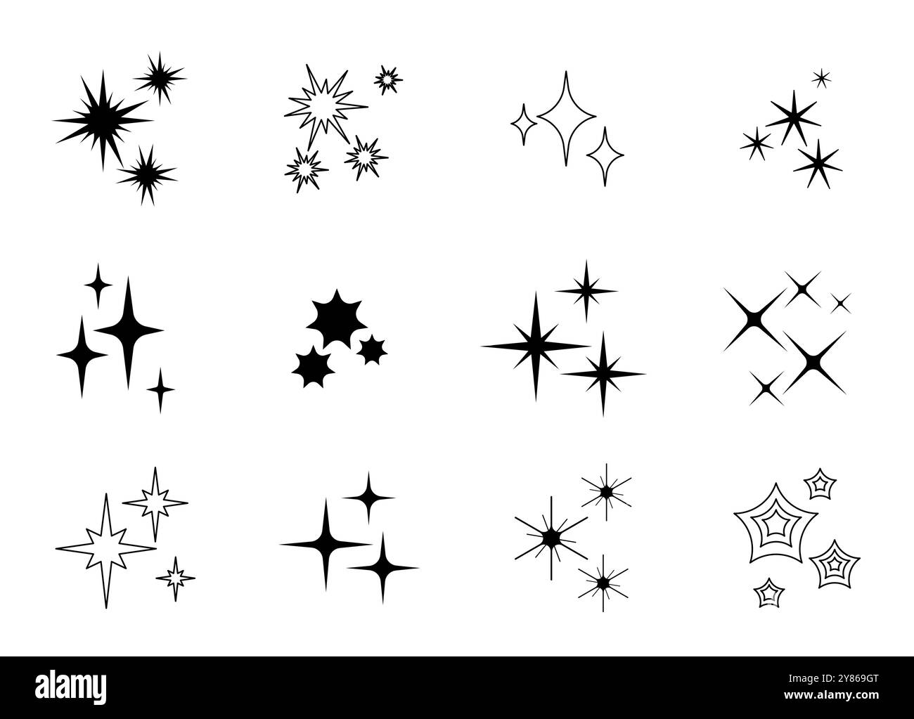 Sparkling stars collection. Silhouette of glitter objects. Abstract shapes, minimalist ...