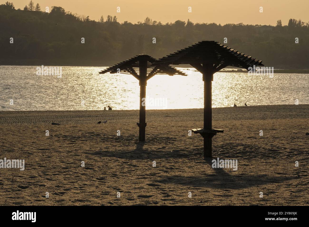 A beautiful, serene beach scene showcasing palm shade structures as the ...