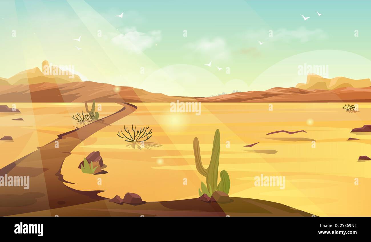 Road in desert background. Sand with cactus. Terrain and sunset in ...