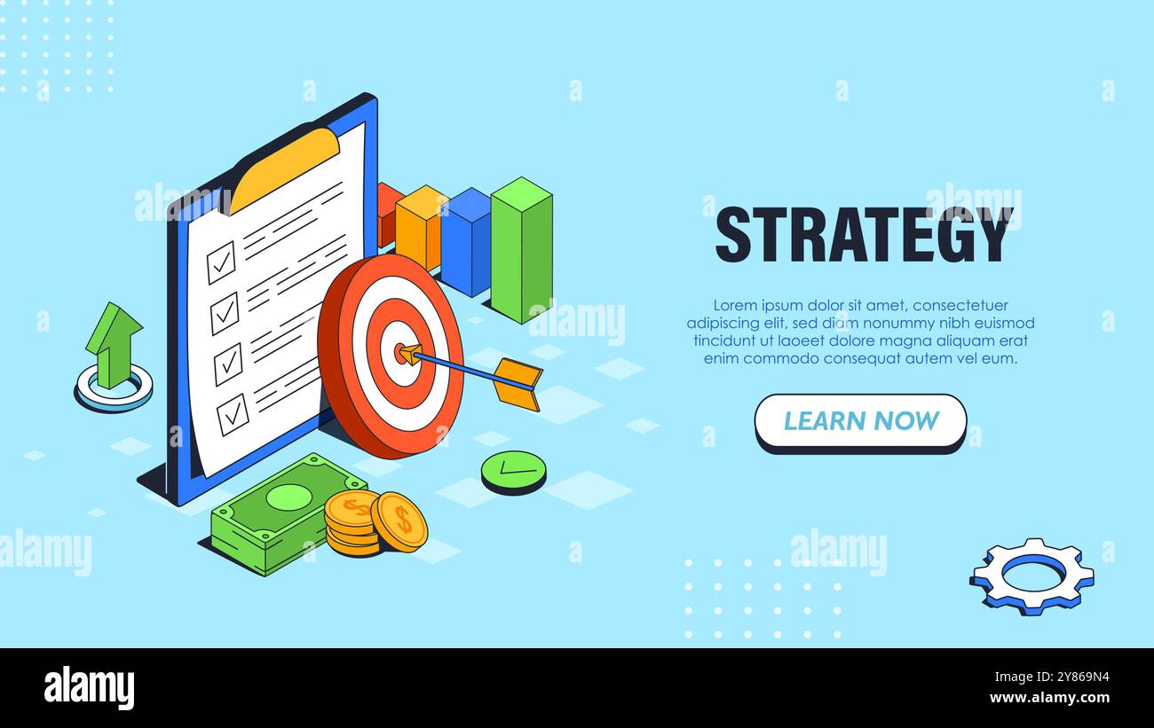 Strategy isometric poster. Clipboard with banknotes. Marketing and ...