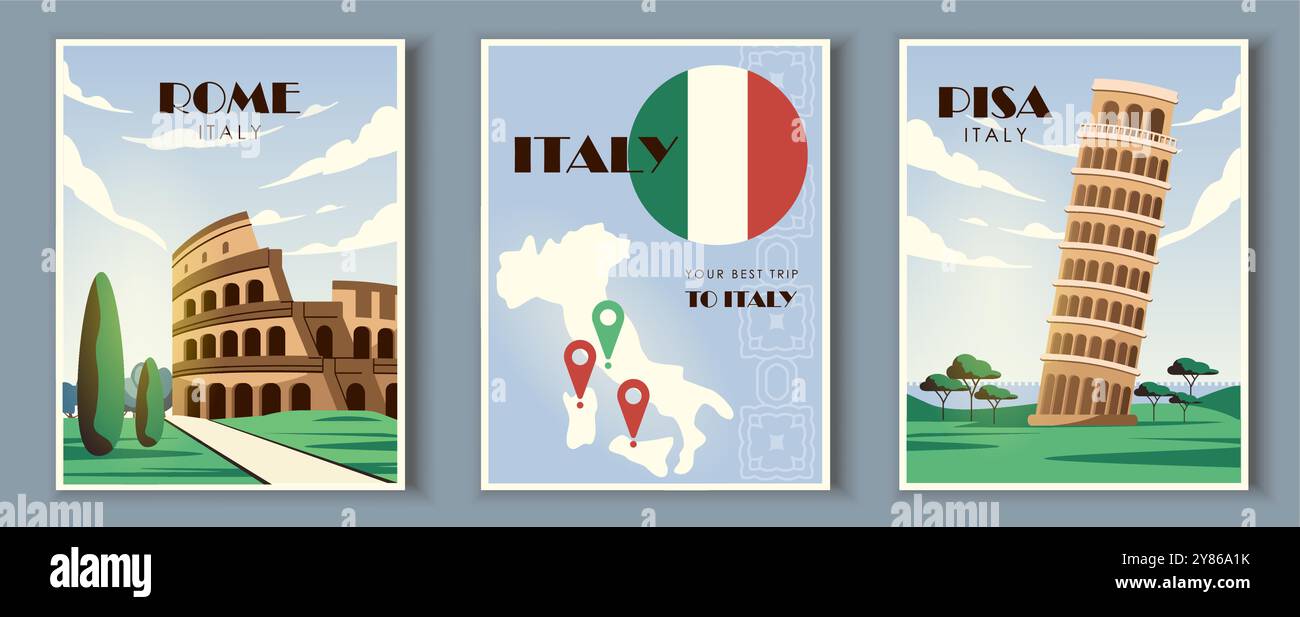 Trip to italy posters set. Coliseum and Pisa. Travel and tourism ...