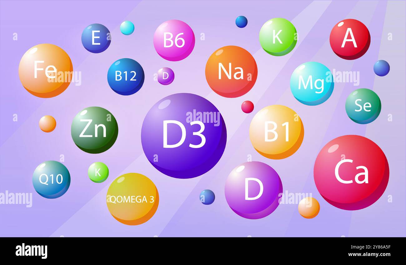 Supplements vitamins minerals. Red, green, pik and yellow molecules ...