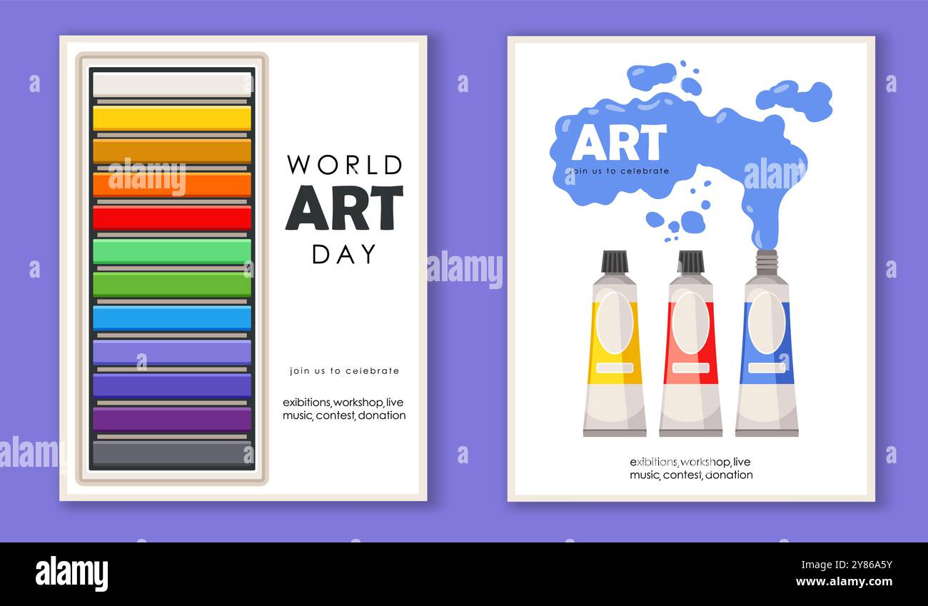 World art day posters set. Palette with tubes with paints. Artists ...