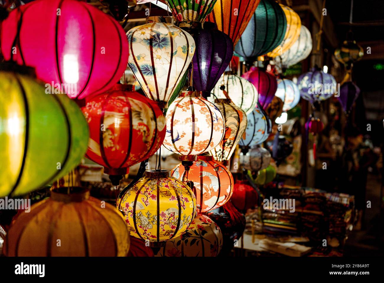 Traditional lantern shop at night in Hoi An old town. Close up of ...