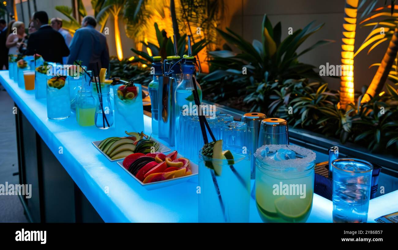 Elegant selection of alcoholic beverages at a black tie formal event ...