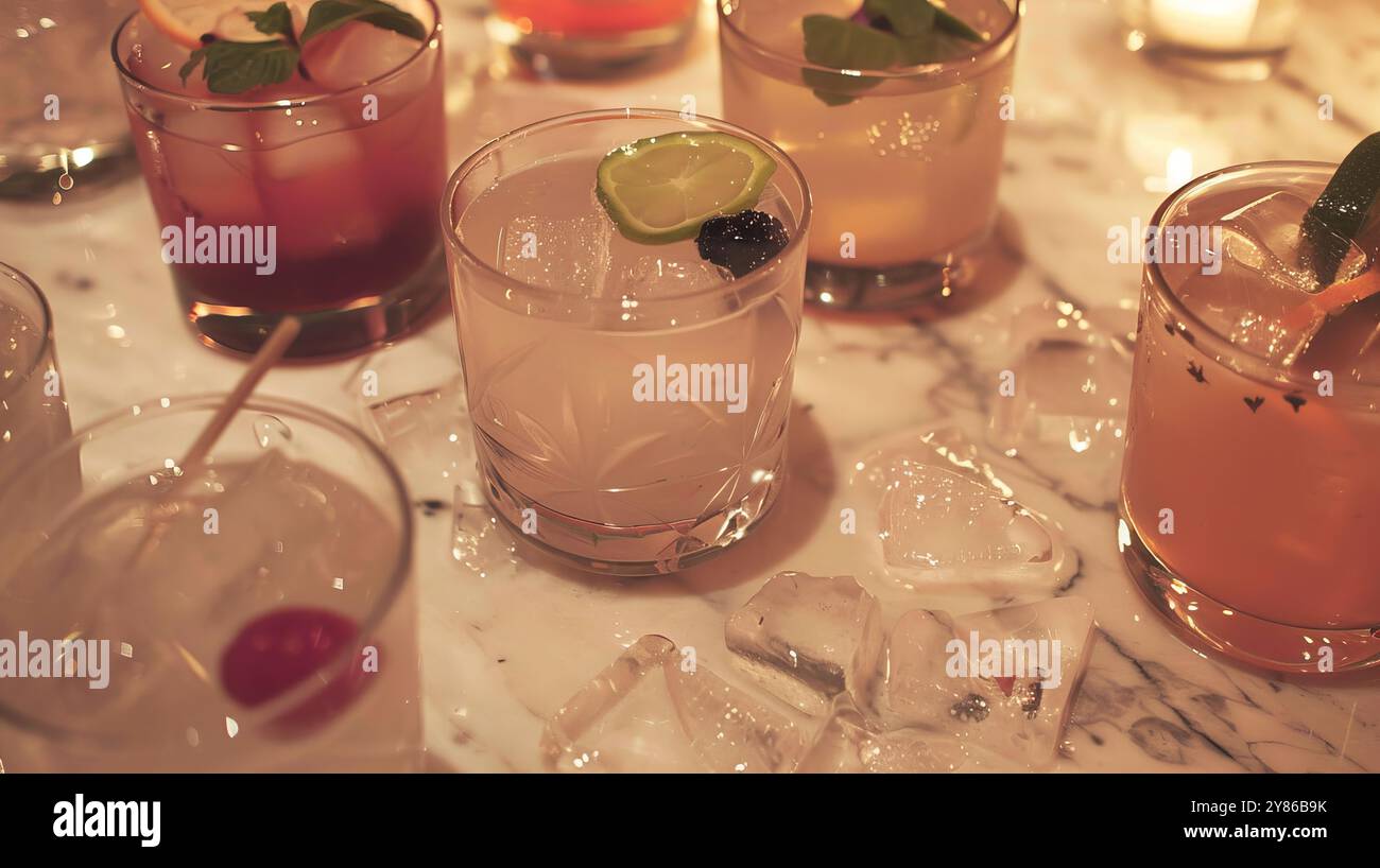 Elegant array of alcoholic beverages at a black tie event with ambient ...