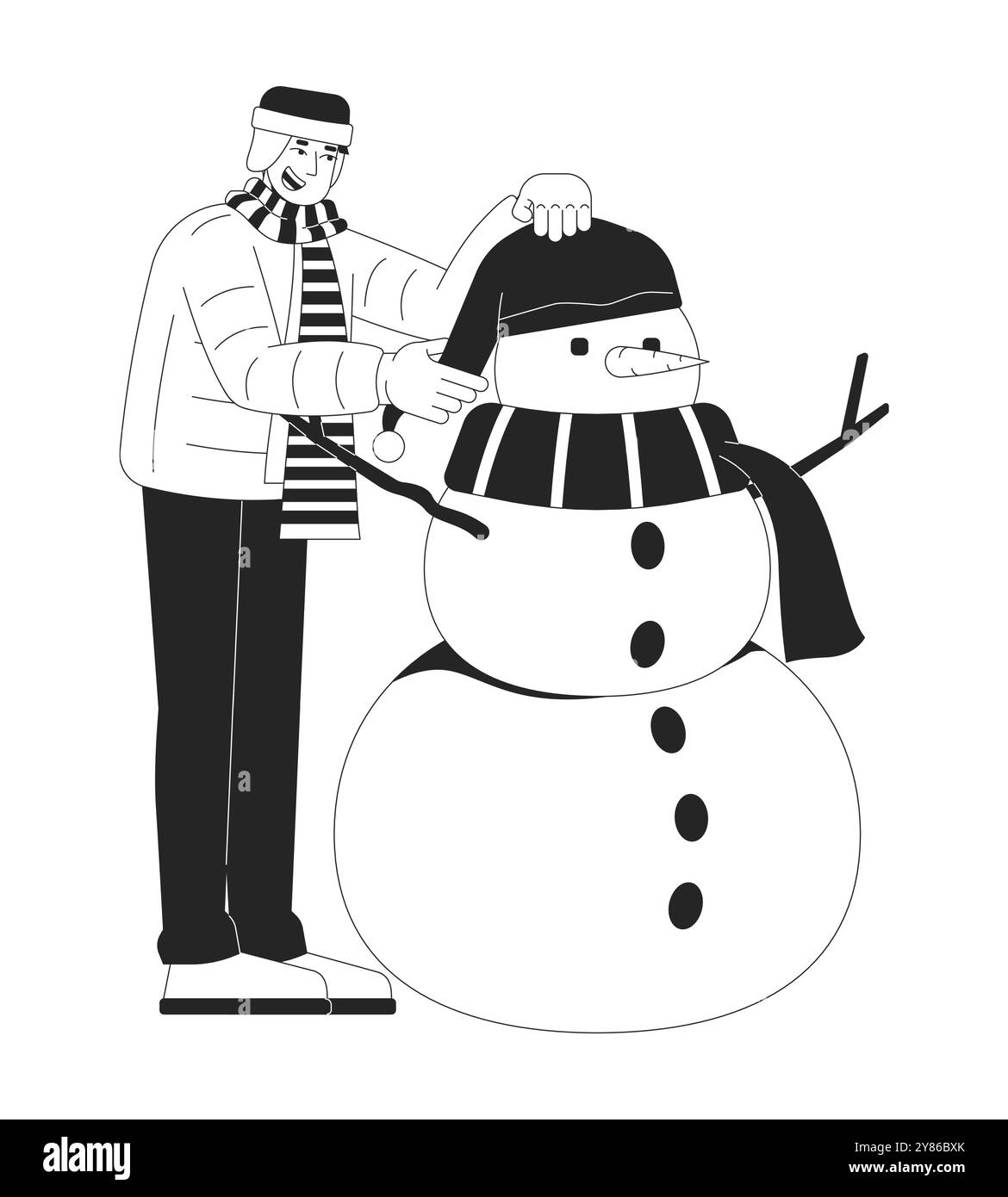 Winter puffer jacket man putting hat on snowman black and white 2D line character Stock Vector ...