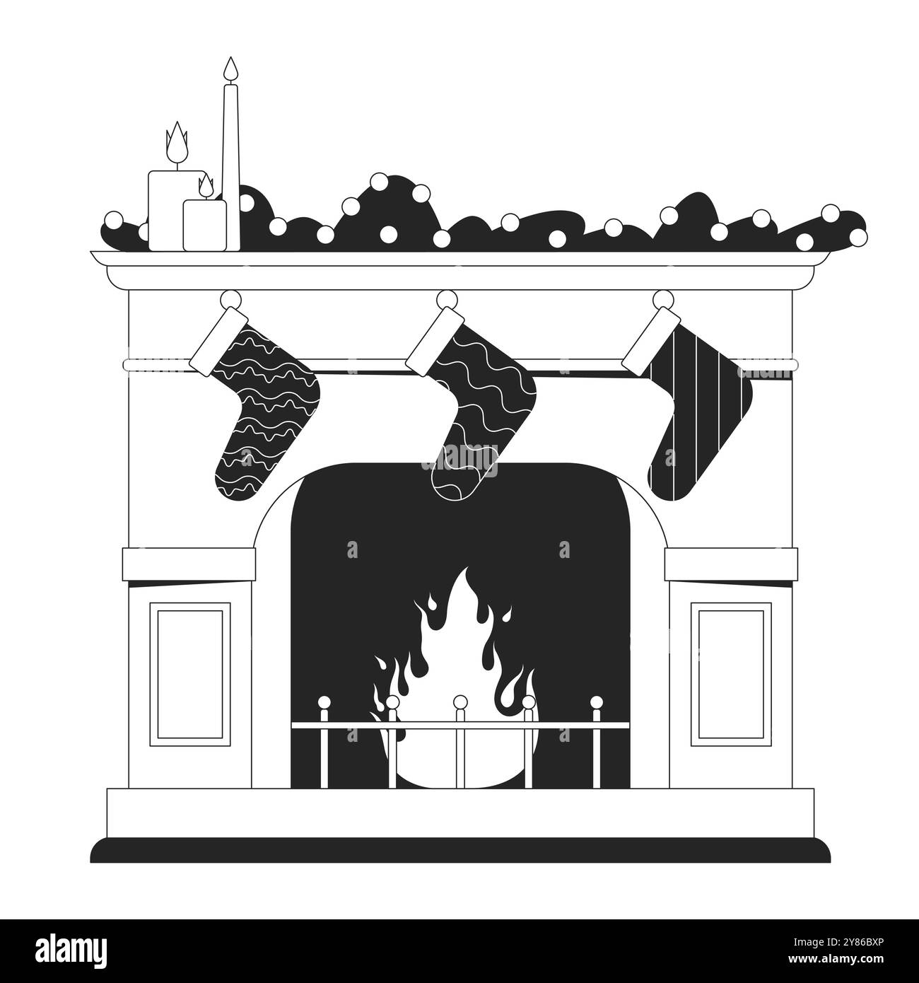 Christmas fireplace stockings hanging black and white 2D line object ...