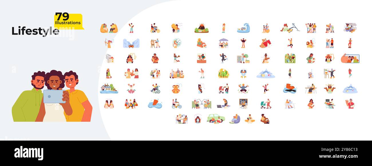 Diverse people lifestyle cartoon flat illustrations mega bundle Stock ...