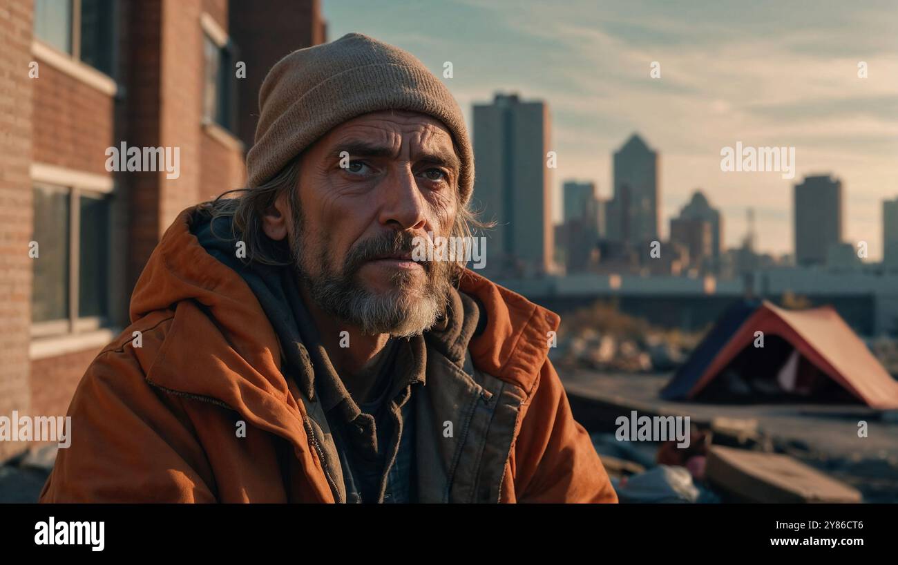 A homeless man with a beanie and worn jacket sits outdoors, gazing at ...