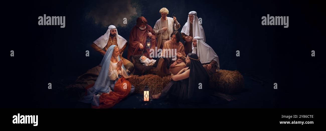 Calm and reverent nativity scene, showcasing shepherds and wise men ...