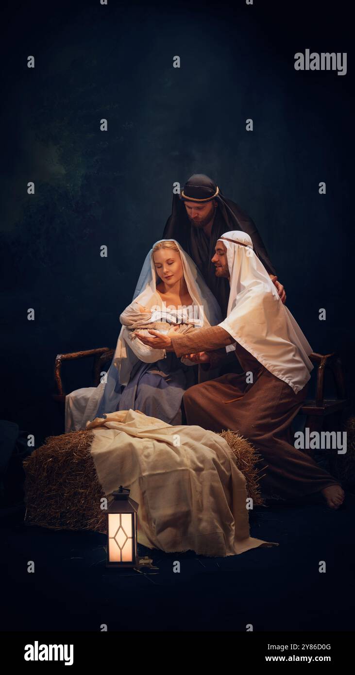 Tender significant moment. Holy and magical nativity scene with Mary ...