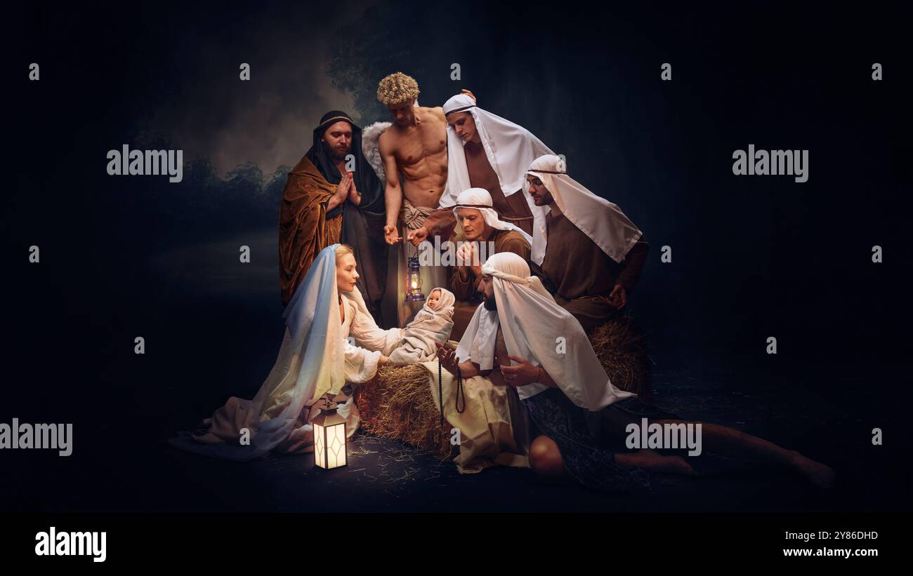 Traditional Christmas Nativity scene featuring Mary, Joseph, baby Jesus ...