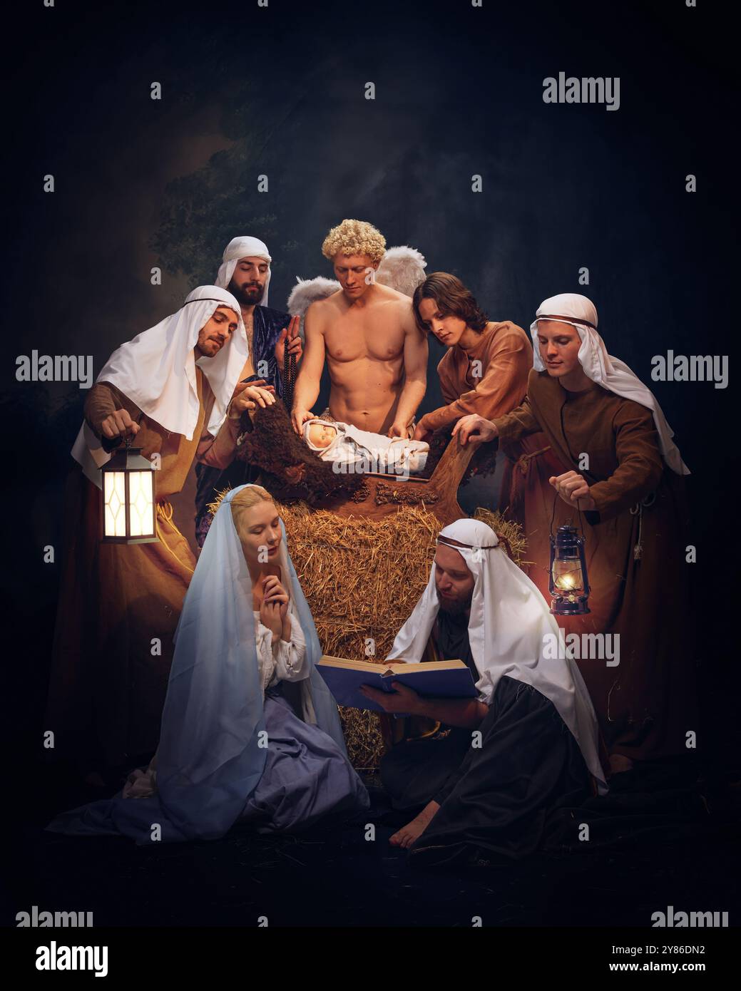 Christmas Nativity scene with Mary, Joseph, baby Jesus, shepherds and ...